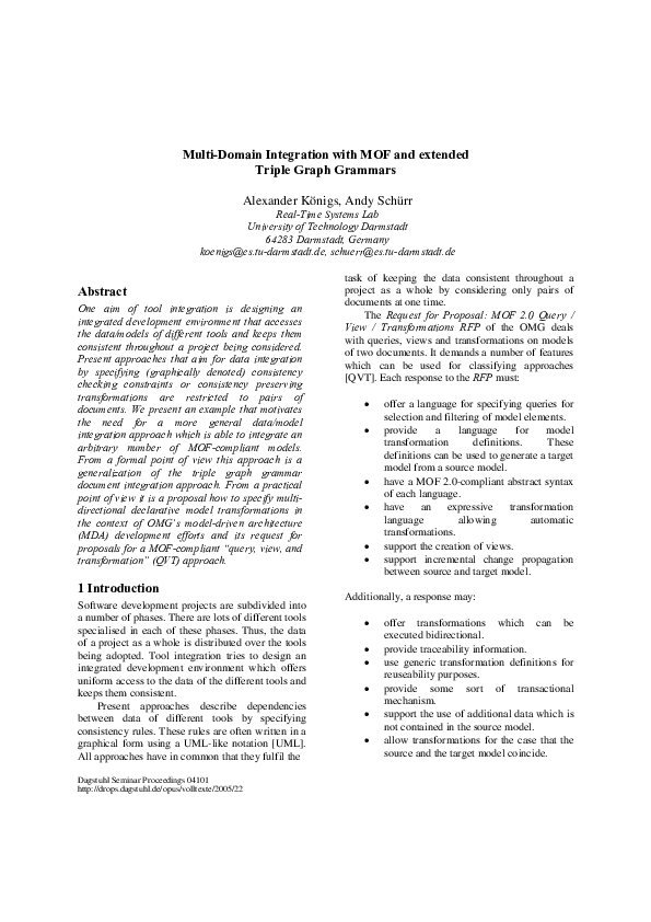 Pdf Multi Domain Integration With Mof And Extended Triple Graph Grammars