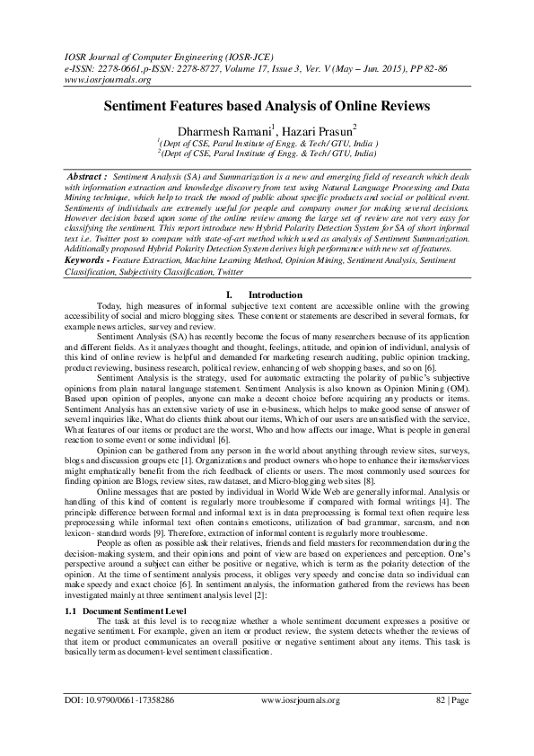 Pdf Sentiment Features Based Analysis Of Online Reviews Iosr