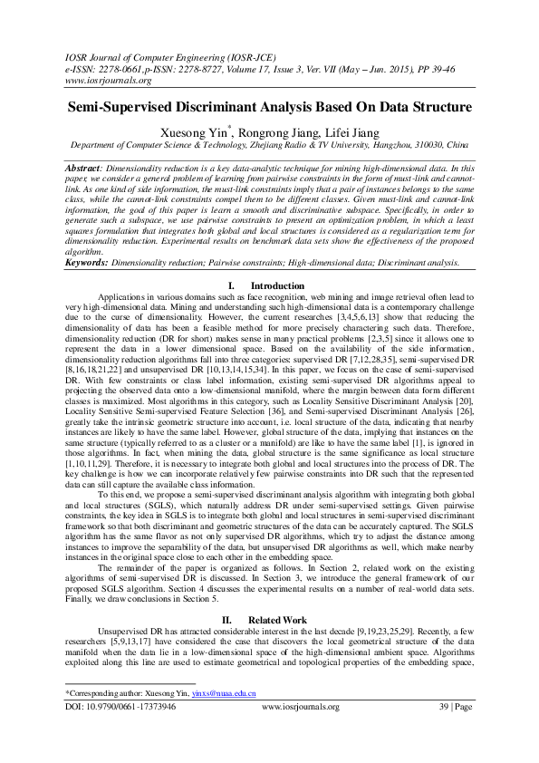 (PDF) Semi-Supervised Discriminant Analysis Based On Data Structure