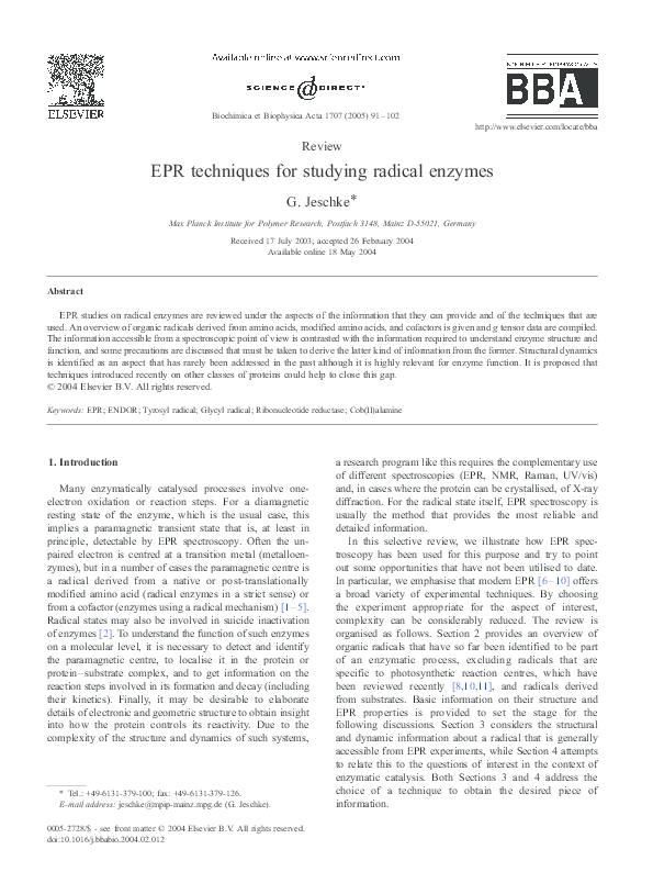 (PDF) EPR techniques for studying radical enzymes