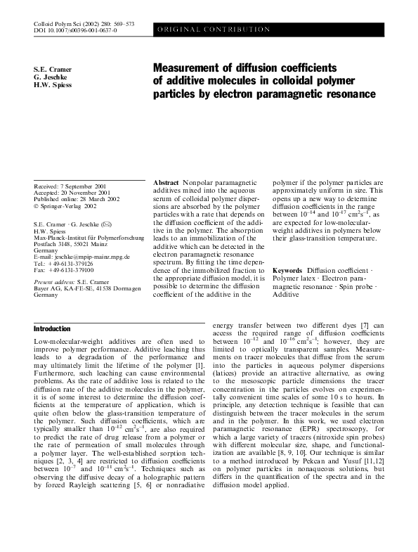 (PDF) Measurement of diffusion coefficients of additive molecules in ...