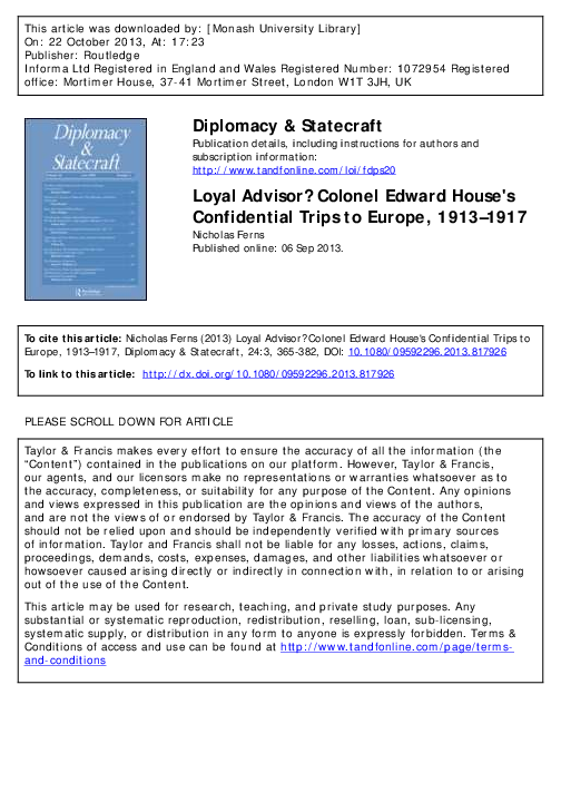 (PDF) Loyal Advisor? Colonel Edward House's Confidential Trips to ...