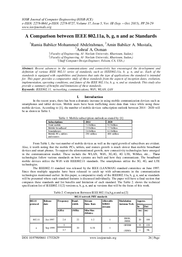 (PDF) A Comparison between IEEE 802.11a, b, g, n and ac Standards