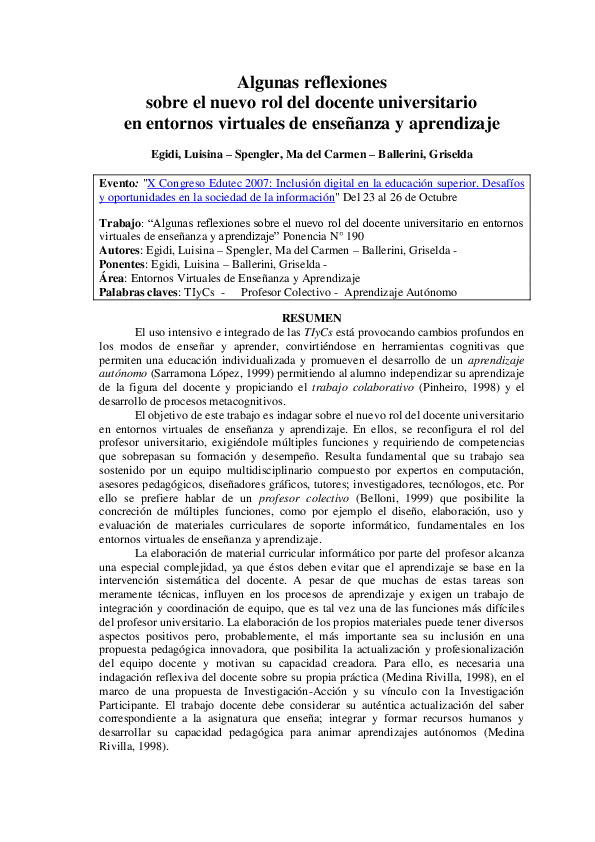 (PDF) Algunas reflexiones sobre el nuevo rol del docente universitario en entornos virtuales de ...