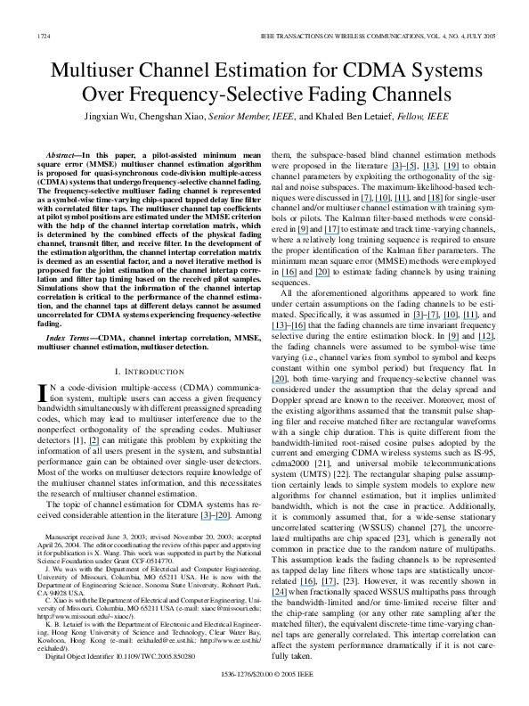 (PDF) Multiuser channel estimation for CDMA systems over doubly selective fading channels