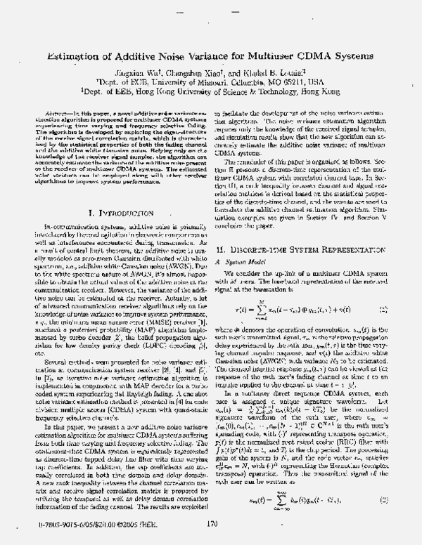 Pdf Estimation Of Additive Noise Variance For Multiuser Cdma Systems
