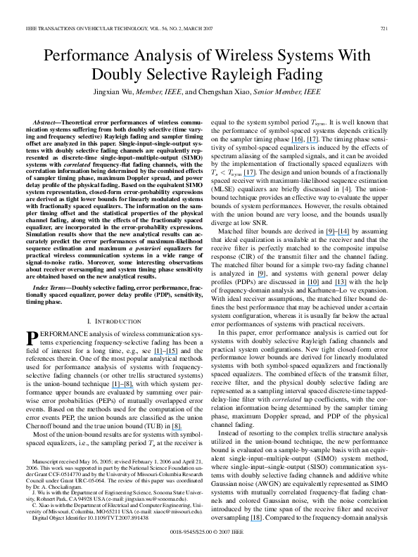 Pdf Performance Analysis Of Wireless Systems With Doubly Selective Rayleigh Fading
