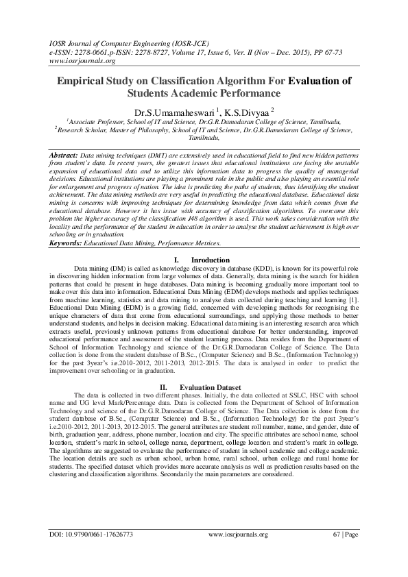 (PDF) Empirical Study on Classification Algorithm For Evaluation of Students Academic Performance