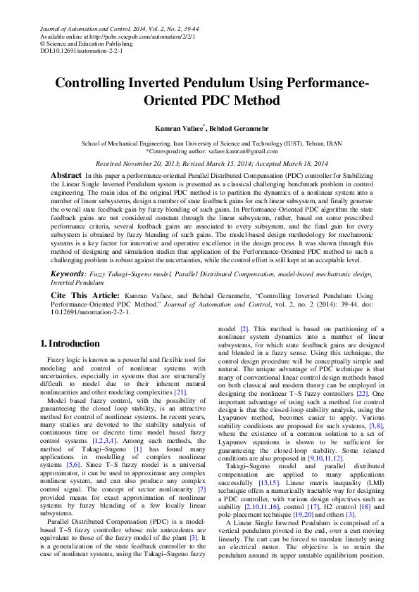 (PDF) Controlling Inverted Pendulum Using Performance-Oriented PDC Method