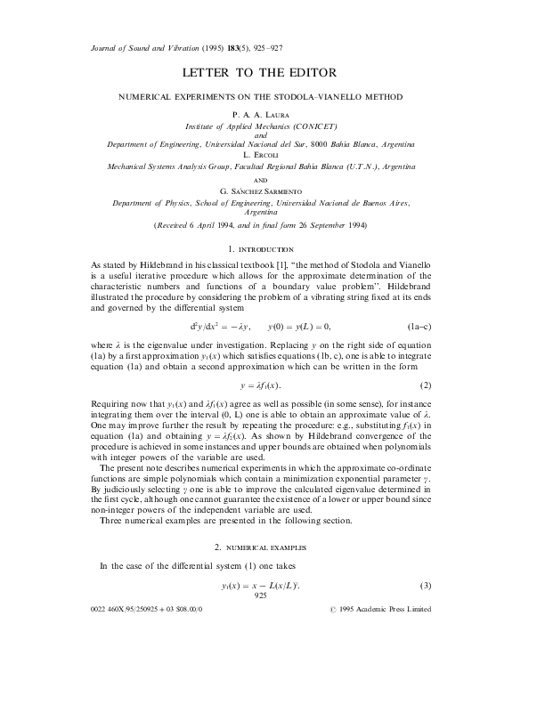 (PDF) Numerical experiments on the Stodola-Vianello method