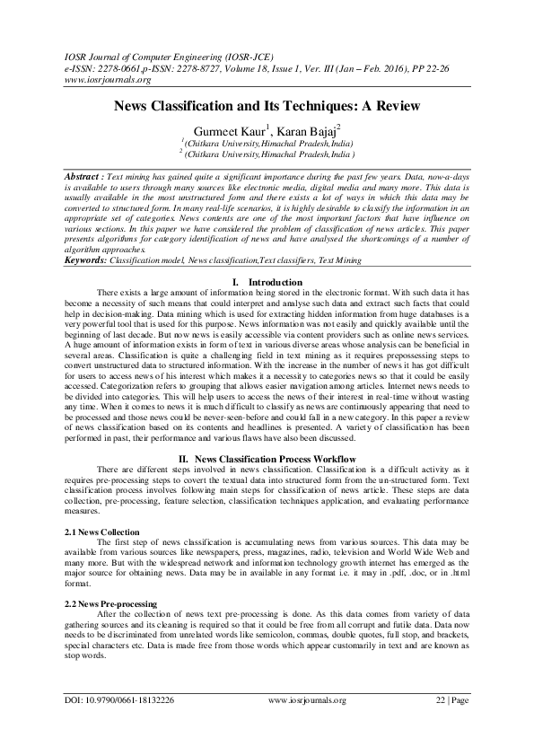 (PDF) News Classification and Its Techniques: A Review