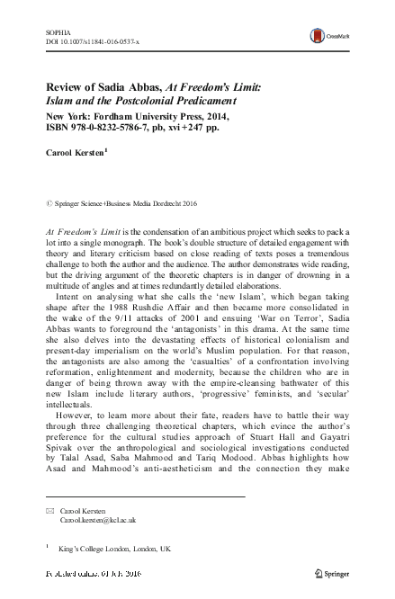 (PDF) Sadia Abbas, At Freedom’s Limits: Islam and the Postcolonial ...