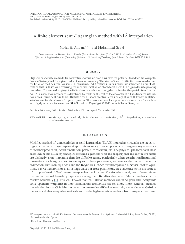 Pdf A Finite Element Semi Lagrangian Method With L2 Interpolation