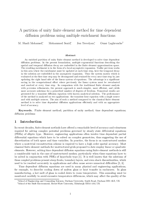 A Partition Of Unity Fem For Time Dependent Diffusion Problems Using Multiple Enrichment Functions