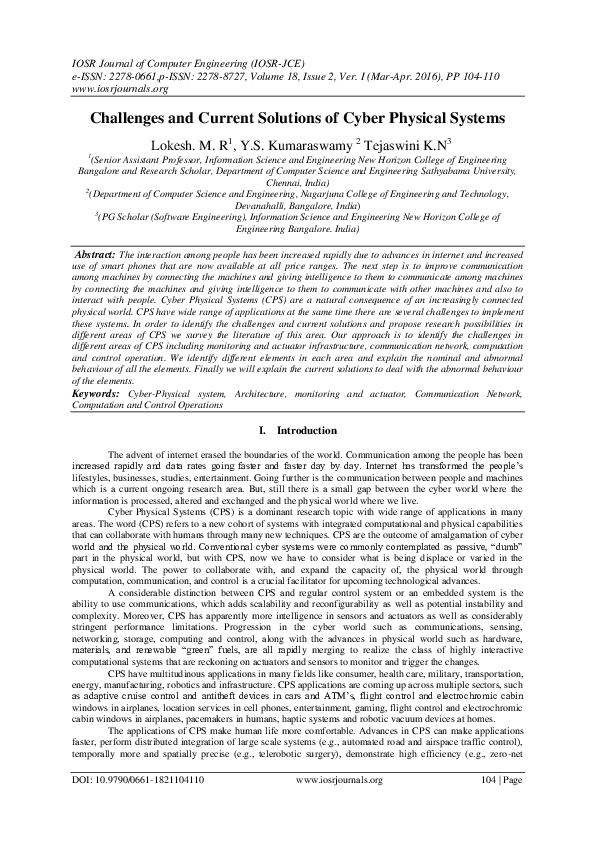 (PDF) Challenges and Current Solutions of Cyber Physical Systems