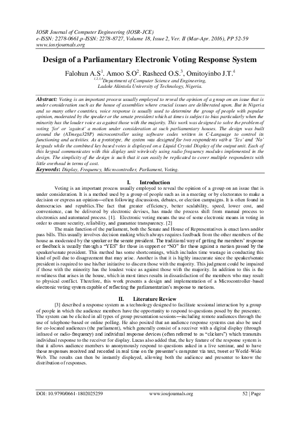 (PDF) Design of a Parliamentary Electronic Voting Response System
