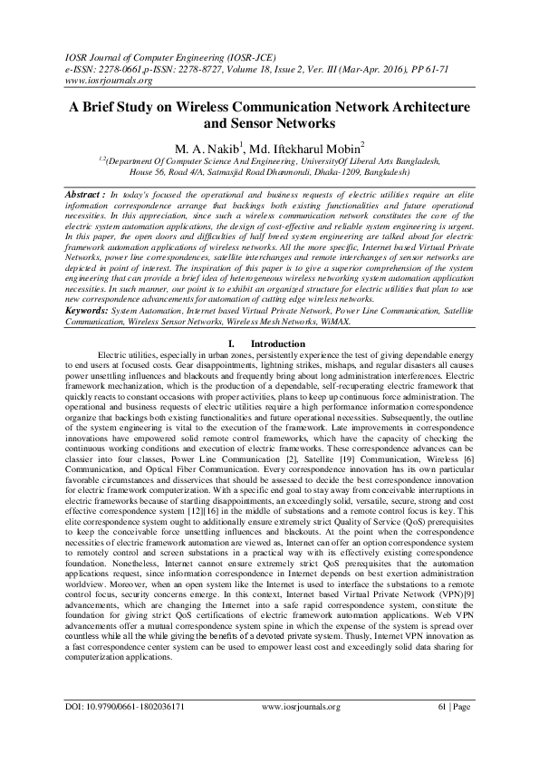 (PDF) A Brief Study on Wireless Communication Network Architecture and Sensor Networks