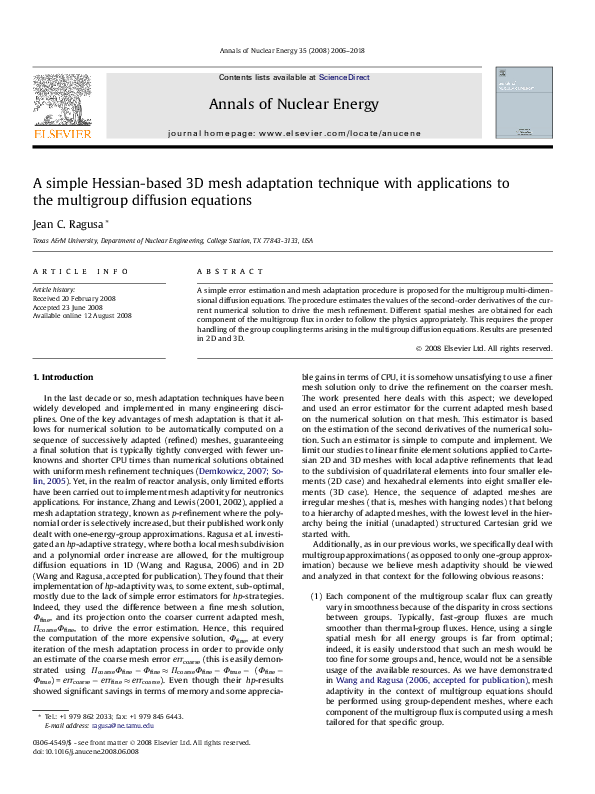 Pdf A Simple Hessian Based 3d Mesh Adaptation Technique With Applications To The Multigroup