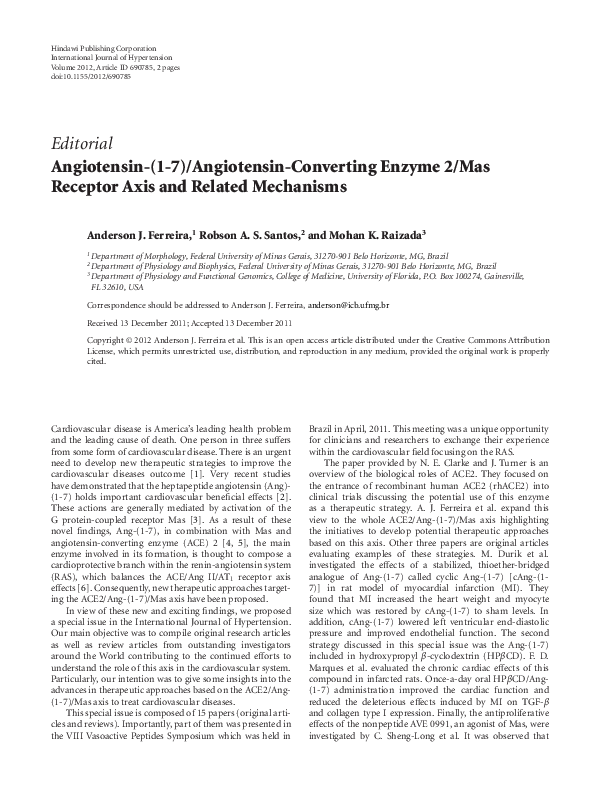 (PDF) Angiotensin-(1-7)/Angiotensin-Converting Enzyme 2/Mas Receptor ...