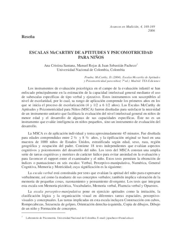 (PDF) Reseña ESCALAS McCARTHY DE APTITUDES Y PSICOMOTRICIDAD PARA NIÑOS