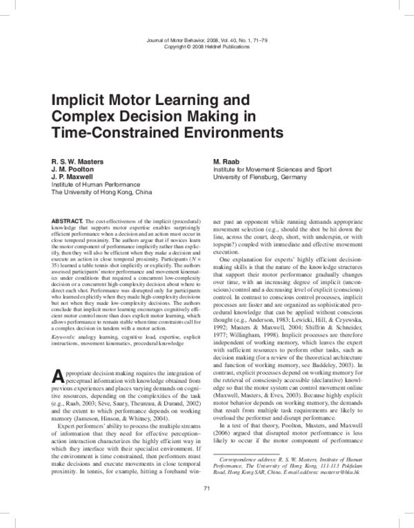 (PDF) Implicit Motor Learning and Complex Decision Making in Time-Constrained Environments