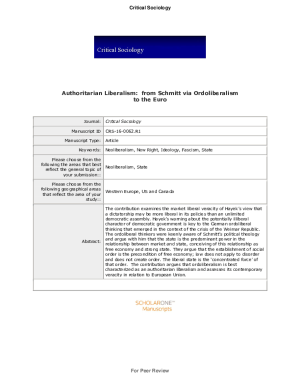 (PDF) Authoritarian Liberalism: from Schmitt via Ordoliberalism to the Euro