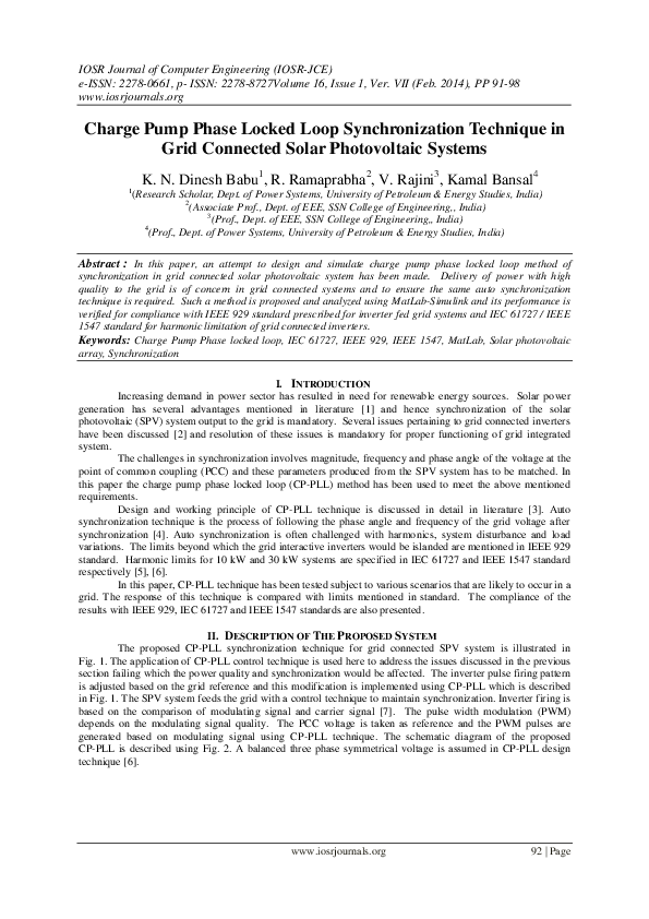 Pdf Charge Pump Phase Locked Loop Synchronization Technique In Grid Connected Solar