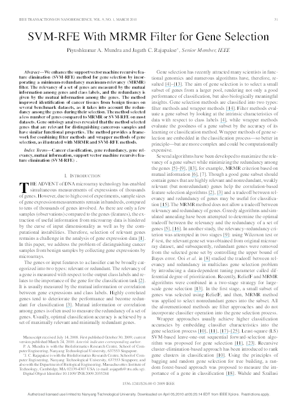 (PDF) SVM-RFE With MRMR Filter for Gene Selection