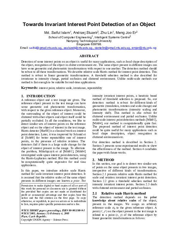 Pdf Towards Invariant Interest Point Detection Of An Object Andrzej