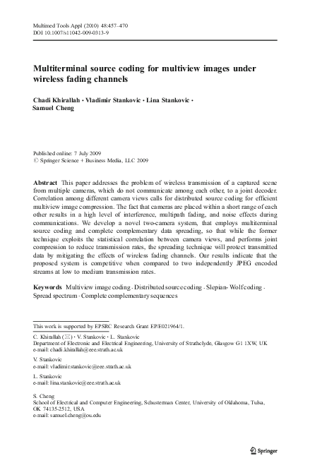 Pdf Multiterminal Source Coding For Multiview Images Under Wireless