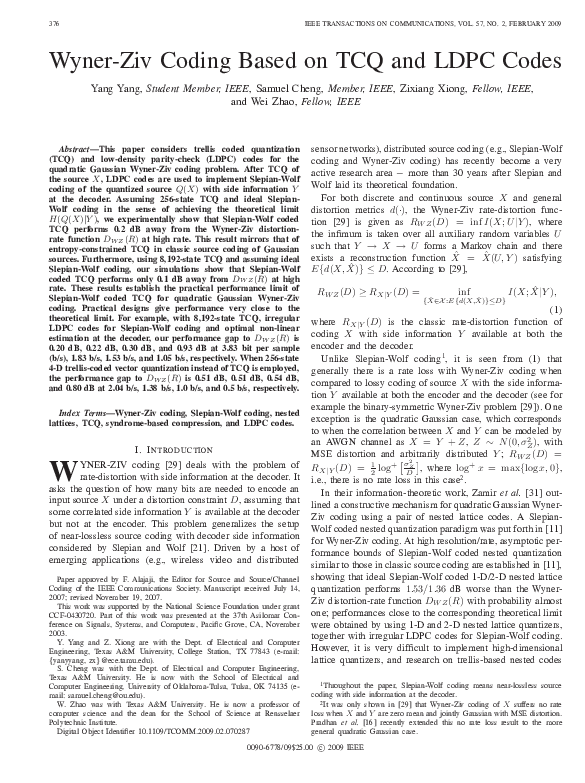 (PDF) Wyner-Ziv coding based on TCQ and LDPC codes