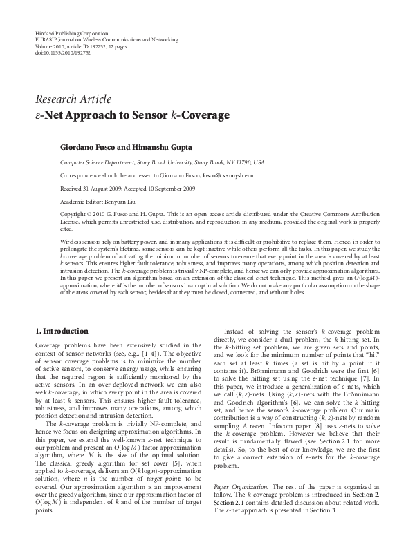 Pdf ε Net Approach To Sensor K Coverage Himanshu Gupta