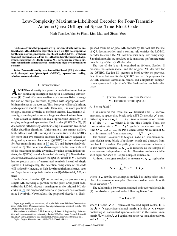 Pdf Low Complexity Maximum Likelihood Decoder For Four Transmit
