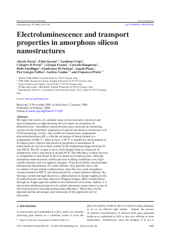 (PDF) Electroluminescence and transport properties in amorphous silicon ...