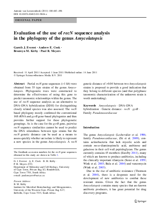 (PDF) Evaluation of the use of recN sequence analysis in the phylogeny ...