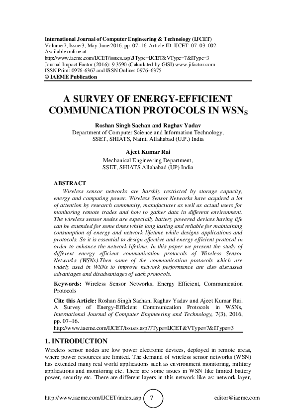 (PDF) A SURVEY OF ENERGY-EFFICIENT COMMUNICATION PROTOCOLS IN WSN S