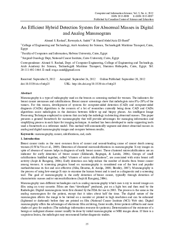 (PDF) An Efficient Hybrid Detection System for Abnormal Masses in Digital and Analog Mammogram