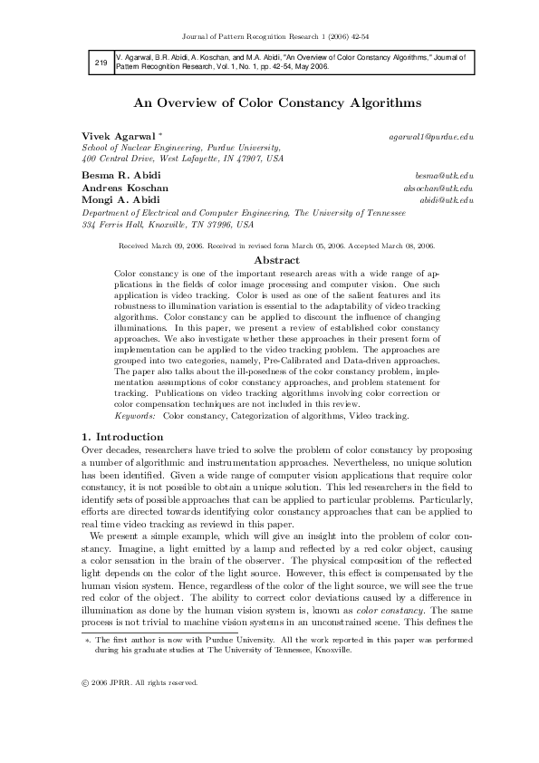 (PDF) An Overview of Color Constancy Algorithms
