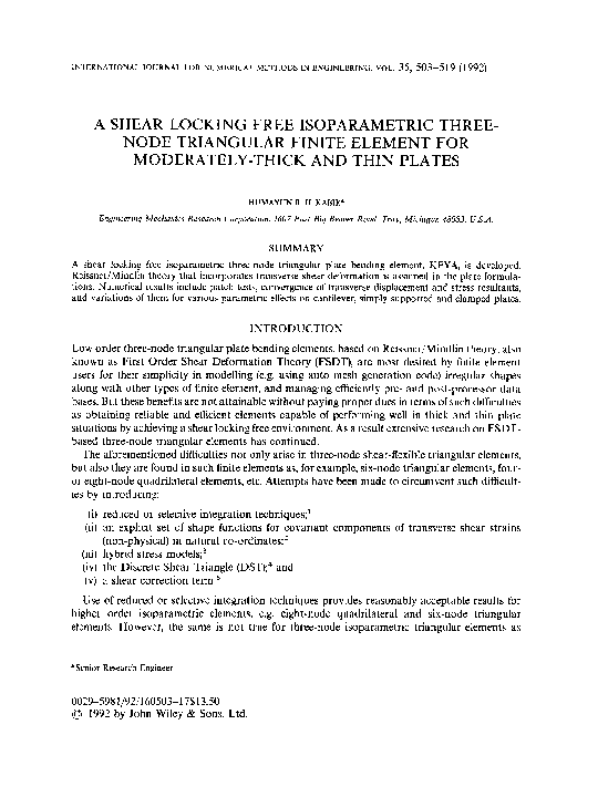 Pdf A Shear Locking Free Isoparametric Three Node Triangular Finite Element For Moderately