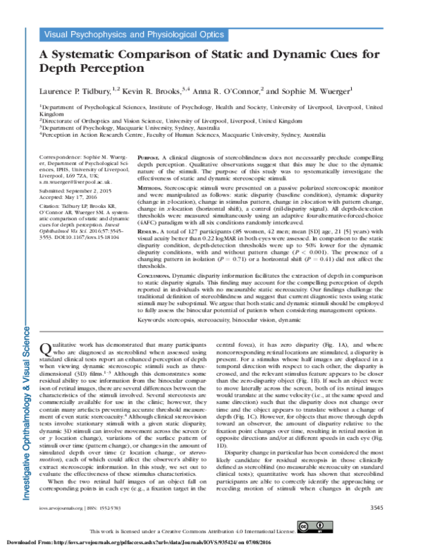 Pdf A Systematic Comparison Of Static And Dynamic Cues For Depth