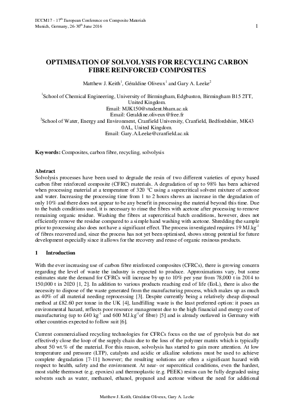 (PDF) OPTIMISATION OF SOLVOLYSIS FOR RECYCLING CARBON FIBRE REINFORCED ...