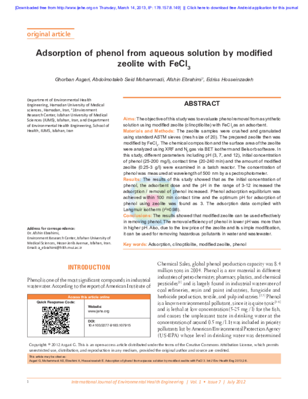 (PDF) Adsorption of phenol from aqueous solution by modified zeolite with FeCl 3 | Afshin ...