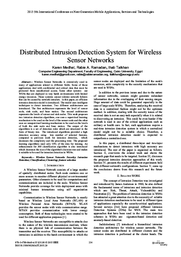 Pdf Distributed Intrusion Detection System For Wireless Sensor Networks