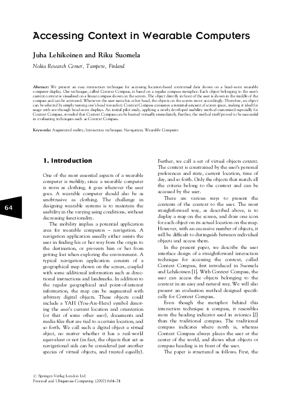 (PDF) Accessing Context in Wearable Computers