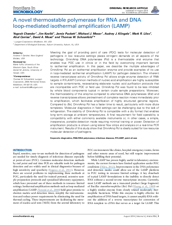 (PDF) A novel thermostable polymerase for RNA and DNA loop-mediated isothermal amplification (LAMP)