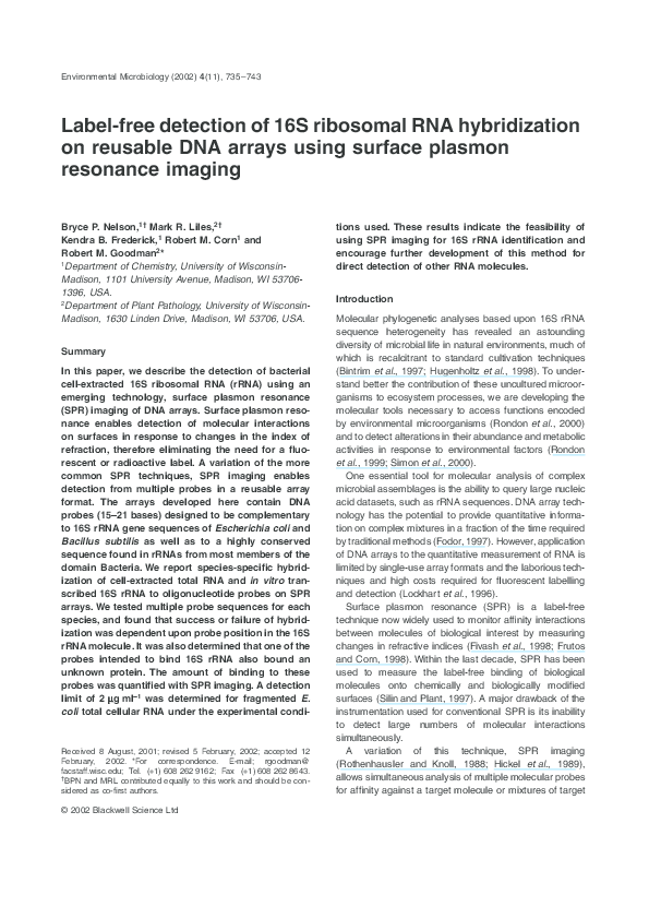 (PDF) Label-free detection of 16S ribosomal RNA hybridization on reusable DNA arrays using ...
