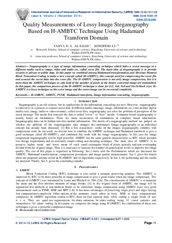 Pdf Quality Measurements Of Lossy Image Steganography Based On H Ambtc Technique Using 