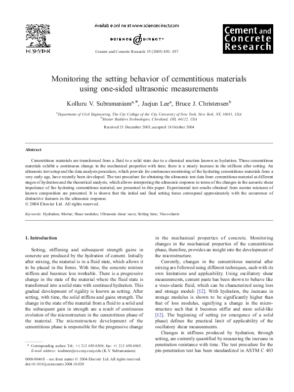 Pdf Monitoring The Setting Behavior Of Cementitious Materials Using One Sided Ultrasonic