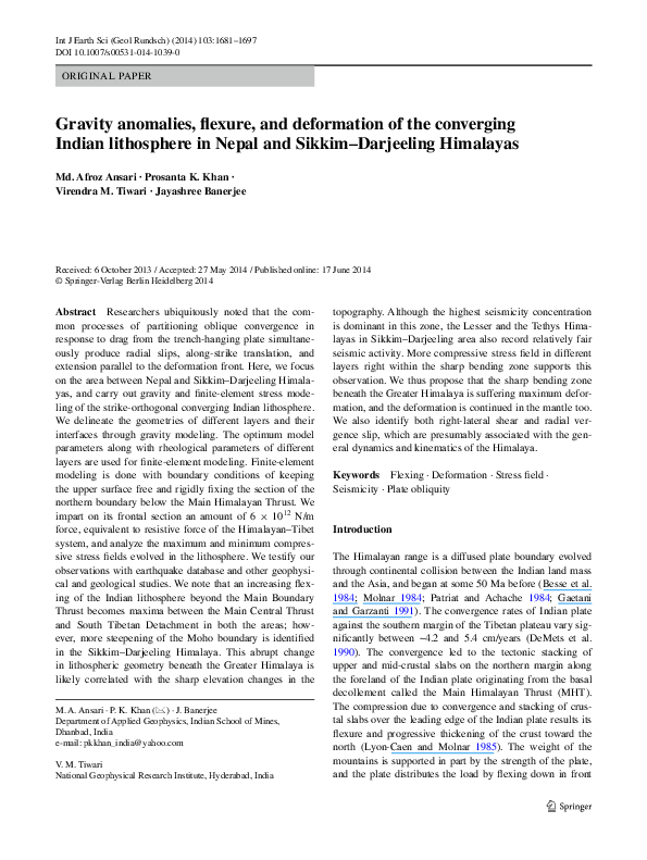 (PDF) Gravity anomalies, flexure, and deformation of the converging Indian lithosphere in Nepal ...