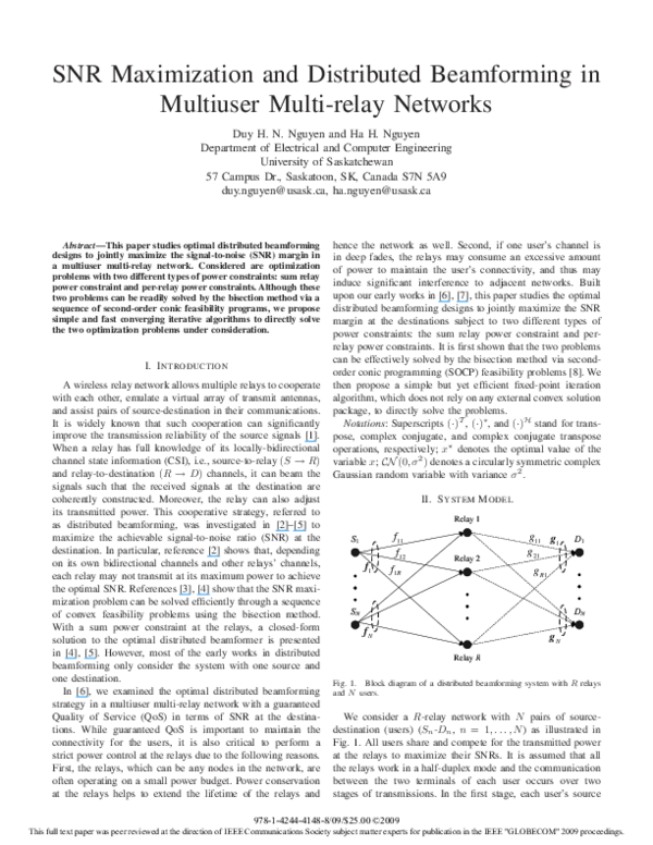 Pdf Snr Maximization And Distributed Beamforming In Multiuser Multi Relay Networks